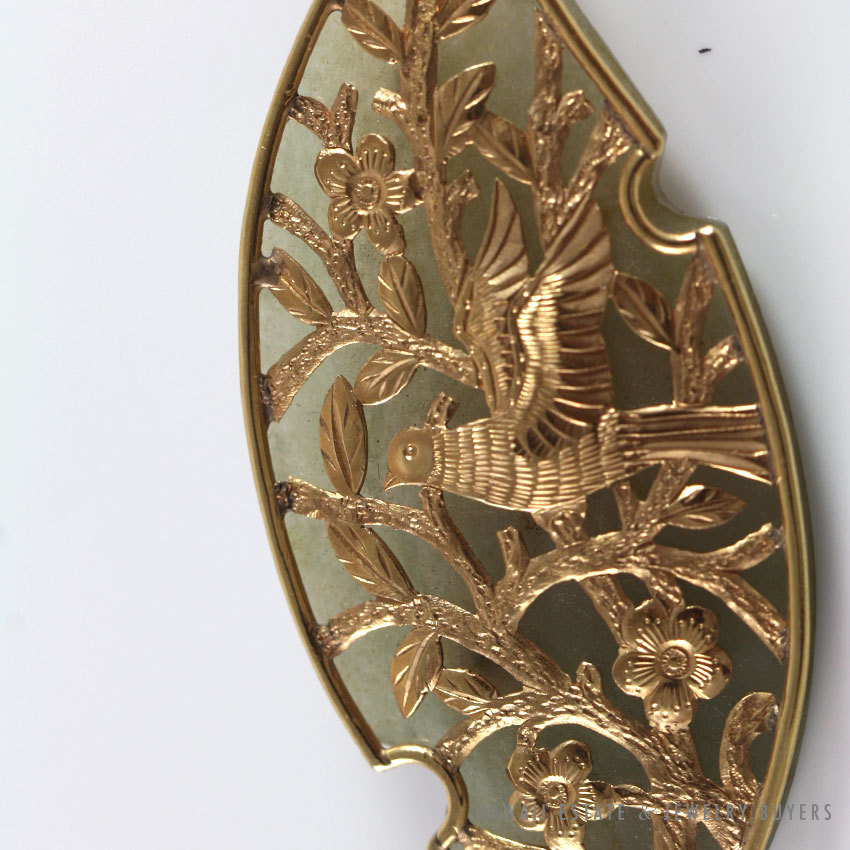MING'S HAWAII GREEN JADEITE JADE OPEN BIRD 14K YELLOW GOLD BROOCH PIN W ...