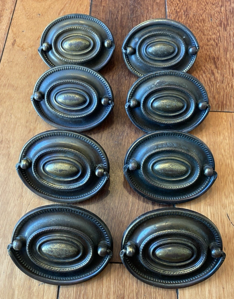 8 Vtg. Hepplewhite Style Drawer Brass Drop Pull Oval Plate 3” W ...