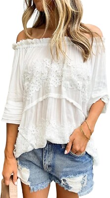 Women's Sexy Off The Shoulder Bell Sleeve Side Split Lace Blouse Shirt ...