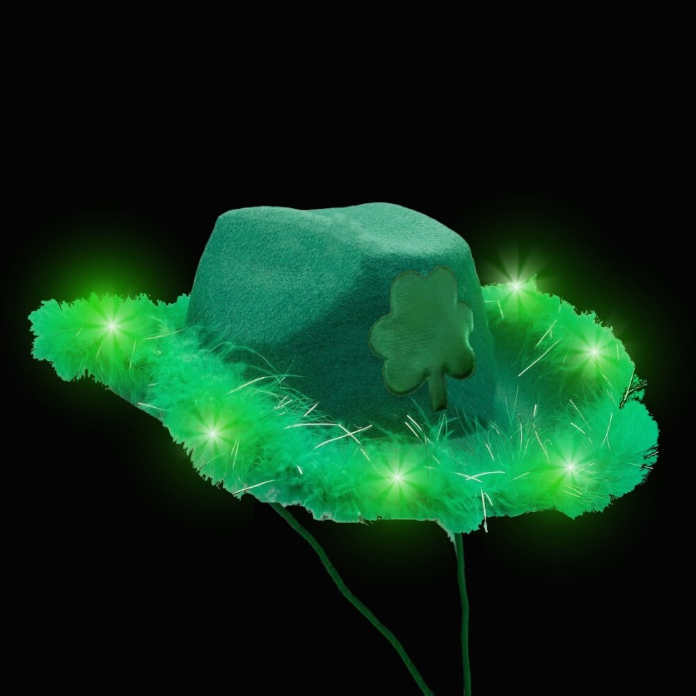 LED FLASHING GREEN COWBOY HAT WITH CLOVER AND FEATHER BRIM COWCLOVER | eBay