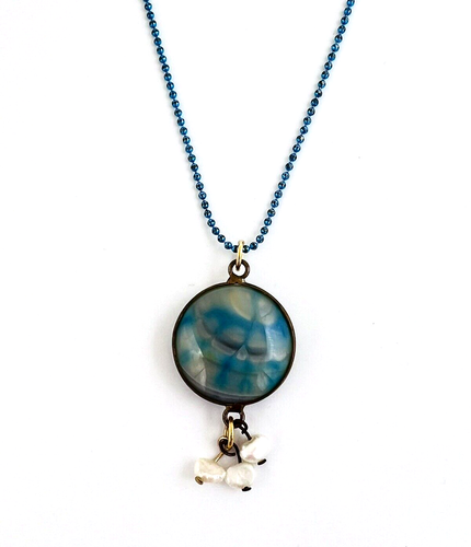 Vintage Blue Purple Swirl Stone Dangle Pearl Pendant Necklace Blue Ball ...