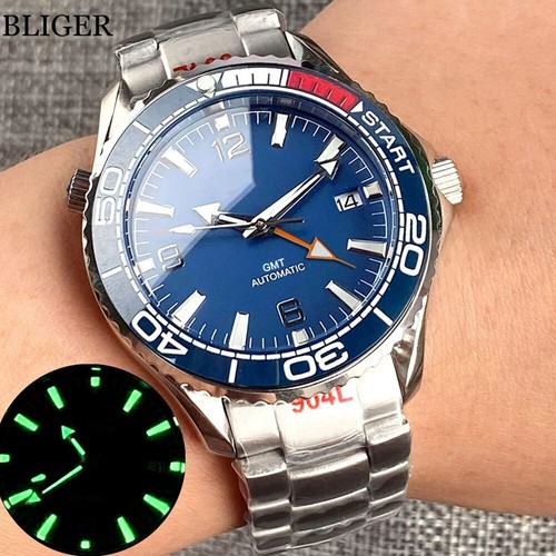 BLIGER Blue 41mm NH34 GMT Automatic Watch Men Green Lume Sapphire Glass ...