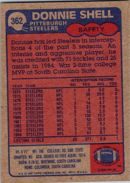 1985 Topps #362 Donnie Shell football card 6jj | eBay