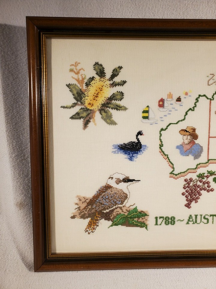 Vtg Bicentennial Australian Map Needlepoint Embroidery Prof Frame 32" x ...
