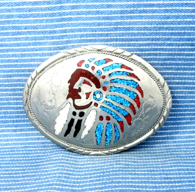 Native American Indian Chief Belt Buckle Scroll Stone Inlay Vtg 70s ...