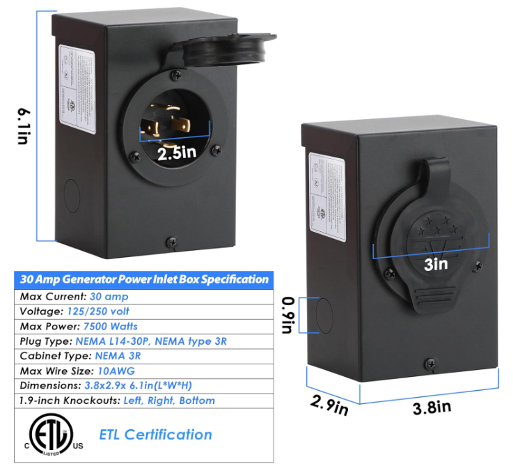 Generator Transfer Switch Power Inlet Box 30Amp Generator Inlet Box ...