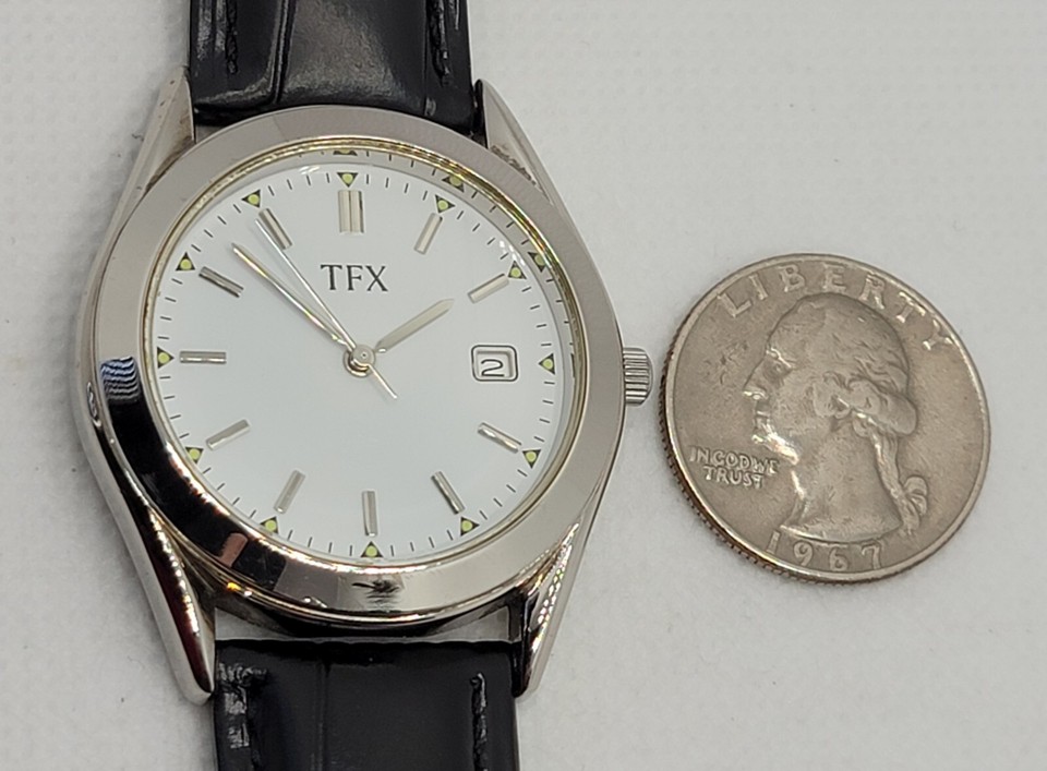 Mens TFX by Bulova Silver Tone Black Leather Band White Dial Date Watch ...