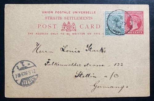1898 Singapore Straits Settlements Stationery Postcard Cover Stettin ...