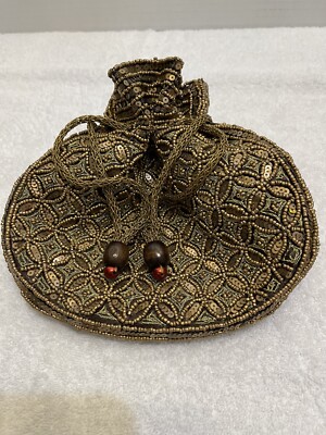 NWOT Small Bronze beaded boho drawstring closure bag perfect for events ...