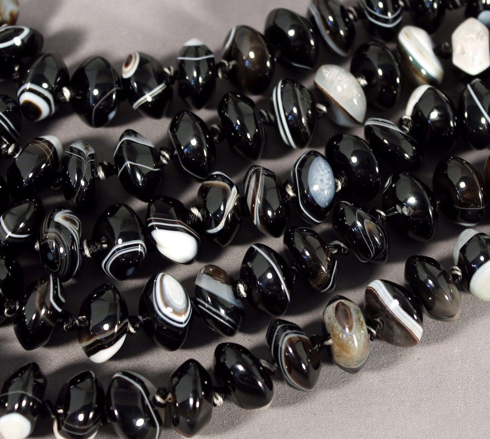 BANDED QUARTZ DRUZY AGATE 15x8MM RONDELLE BEADS 16" KNOTTED STRAND HIGH ...