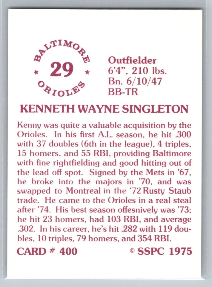 1975 SSPC $400 Ken Singleton Baltimore Orioles CENTERED ** LOW SHIPPING ...