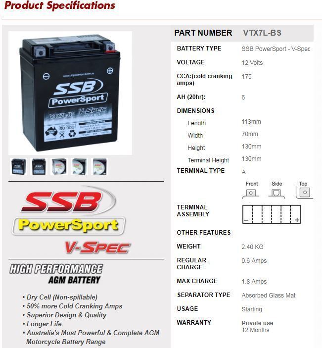 SSB 12V 175CCA 6AH VTX7L-BS Kawasaki ZR250 Balius 1997-1999 V-Spec AGM ...