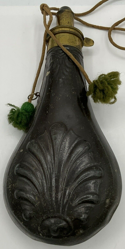 Embossed Metal Gun Black Powder Horn Flask Scallop Design Tassels Lever ...