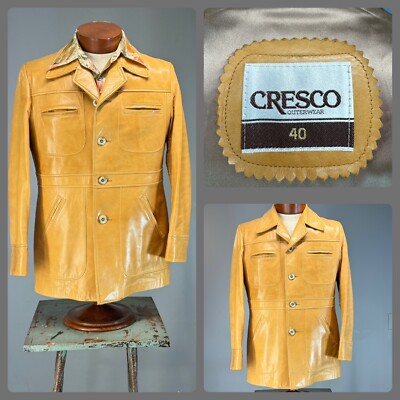 Vtg Leather Coat CRESCO Glossy Supple QUALITY Lamb Disco Jacket Carmel ...