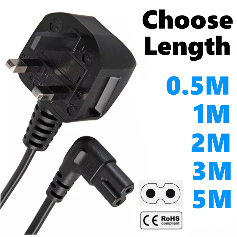 Right Angle Figure of 8 Mains Cable Power UK Lead 3A Plug Fig 8 C7 Cord ...