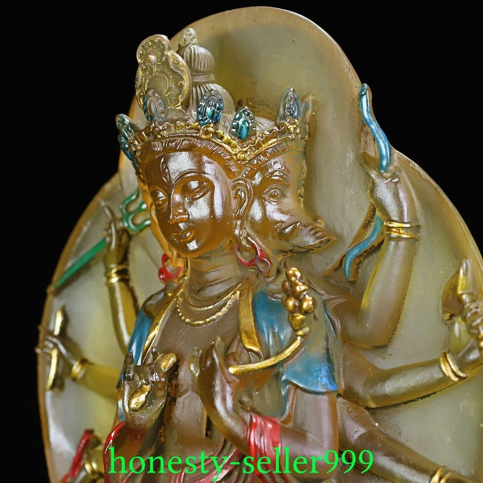 8.2'' Old Ming Color Coloured Glaze Gilt 3 Head 8 Arms Namgyalma Buddha ...