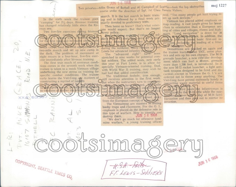 1968 US Army Privates on Log Obstacle Course Fort Lewis 1960s Press ...