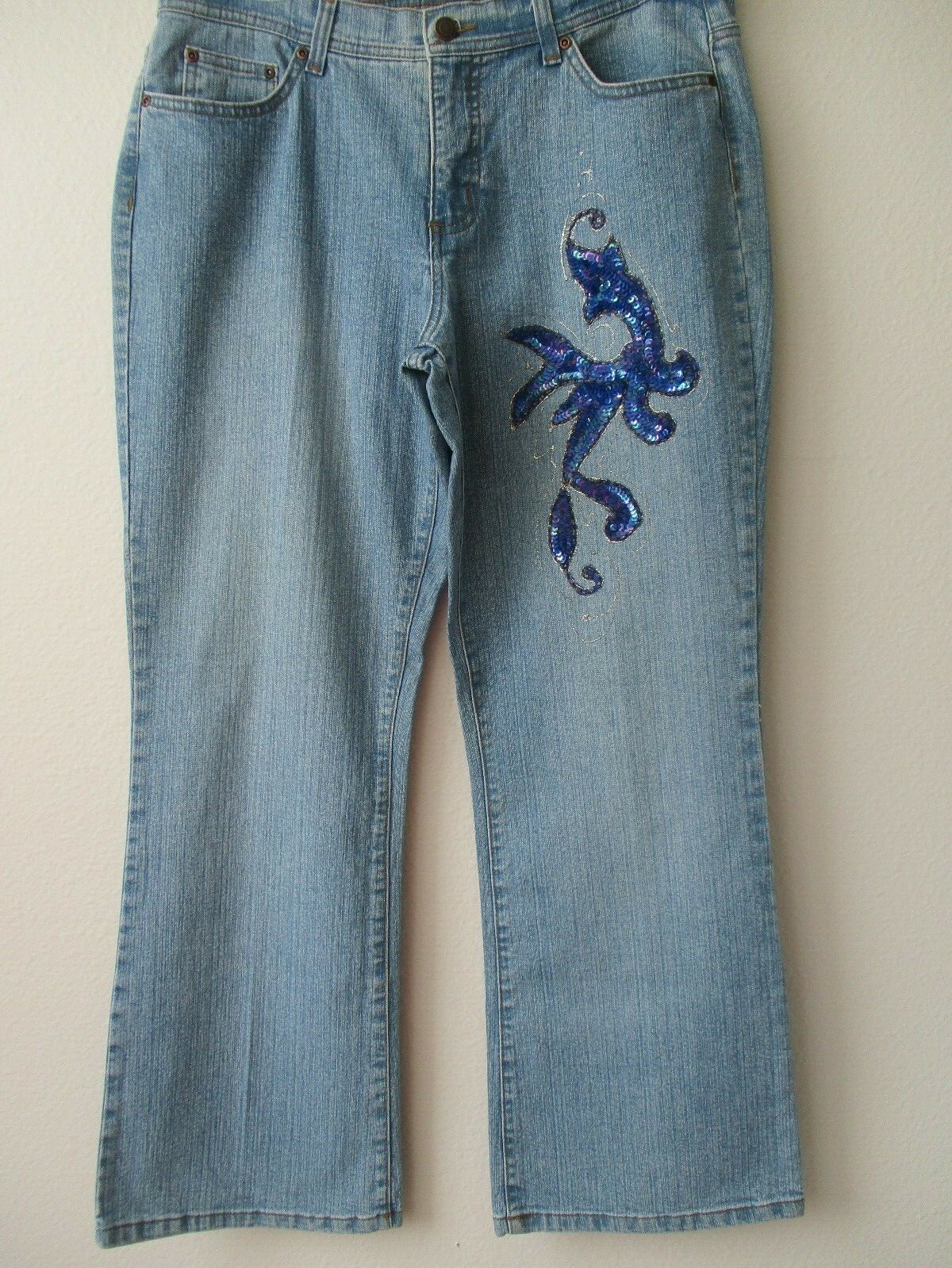 Embellished Bootcut Jeans Faded Glory Blue Denim Size 14P High Rise Zip ...