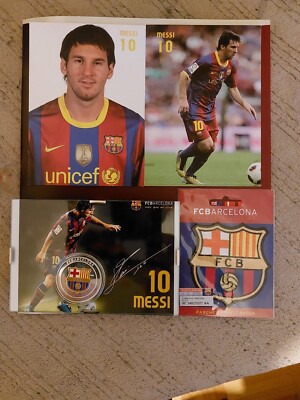 Messi Memorabilia- 2 Messi postcards, Barca Badge, crest flag, Messi ...