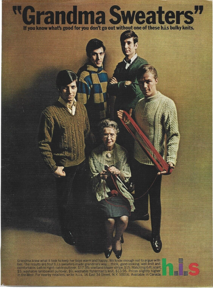h.i.s. Grandma Sweaters Print Ad, Vintage h.i.s. Men Sweater Ad ...