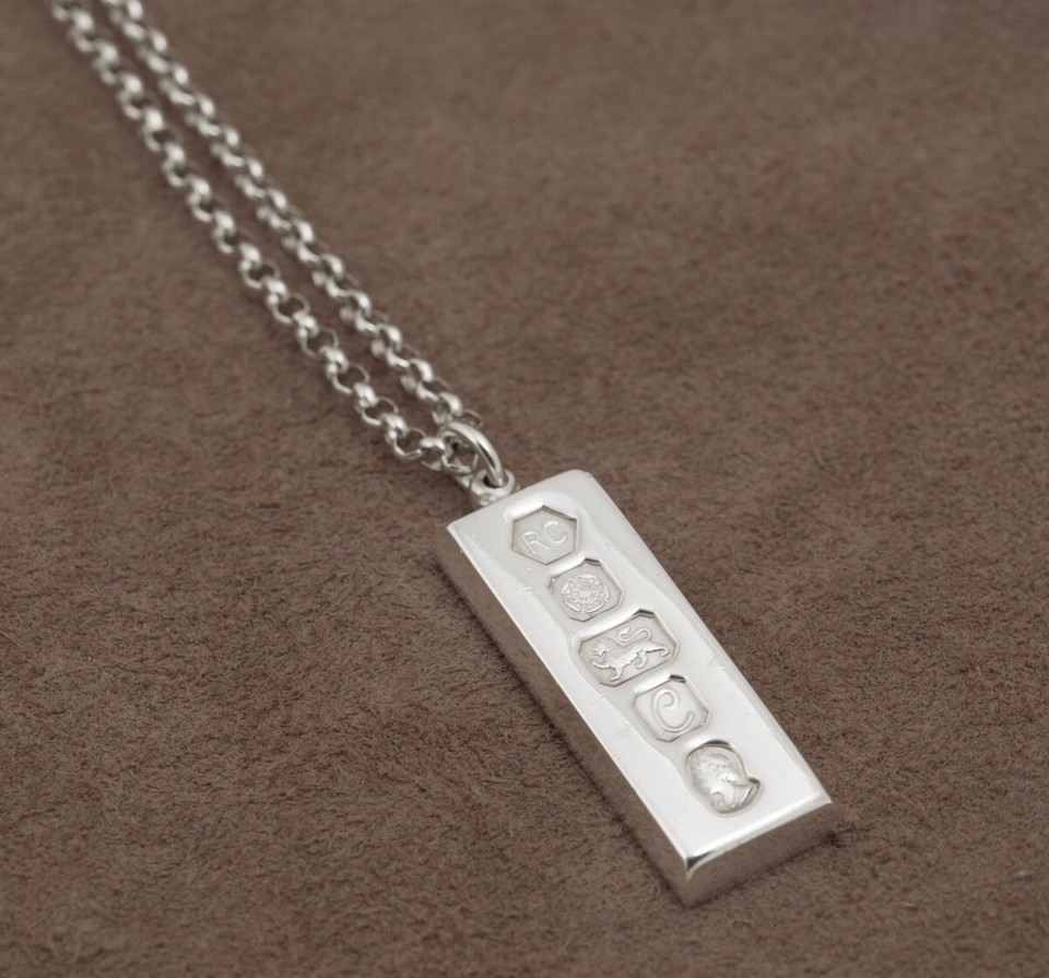 Vintage Sterling Silver Feature Hallmark Ingot Pendant & Belcher Chain ...