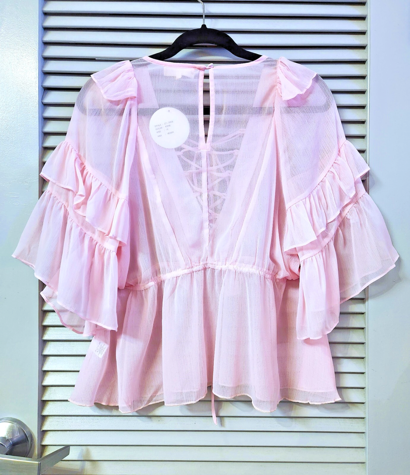 3/4 pink lace-up ruffle sheer top 2XL | eBay