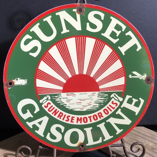 VINTAGE SUNSET GASOLINE SUNRISE MOTOR OIL PORCELAIN GAS PUMP SIGN | eBay