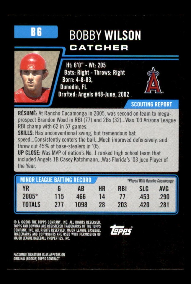 2006 Baseball Bowman Bobby Wilson Los Angeles Angels #B6 Prospect | eBay