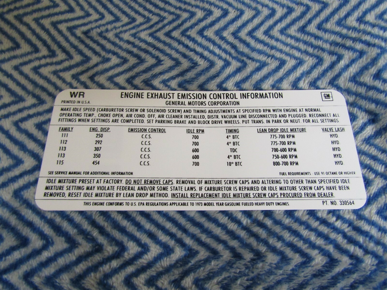 1969 GMC / CHEVROLET TRUCK 305 ENGINE EMISSIONS SPECIFICATIONS DECAL ...