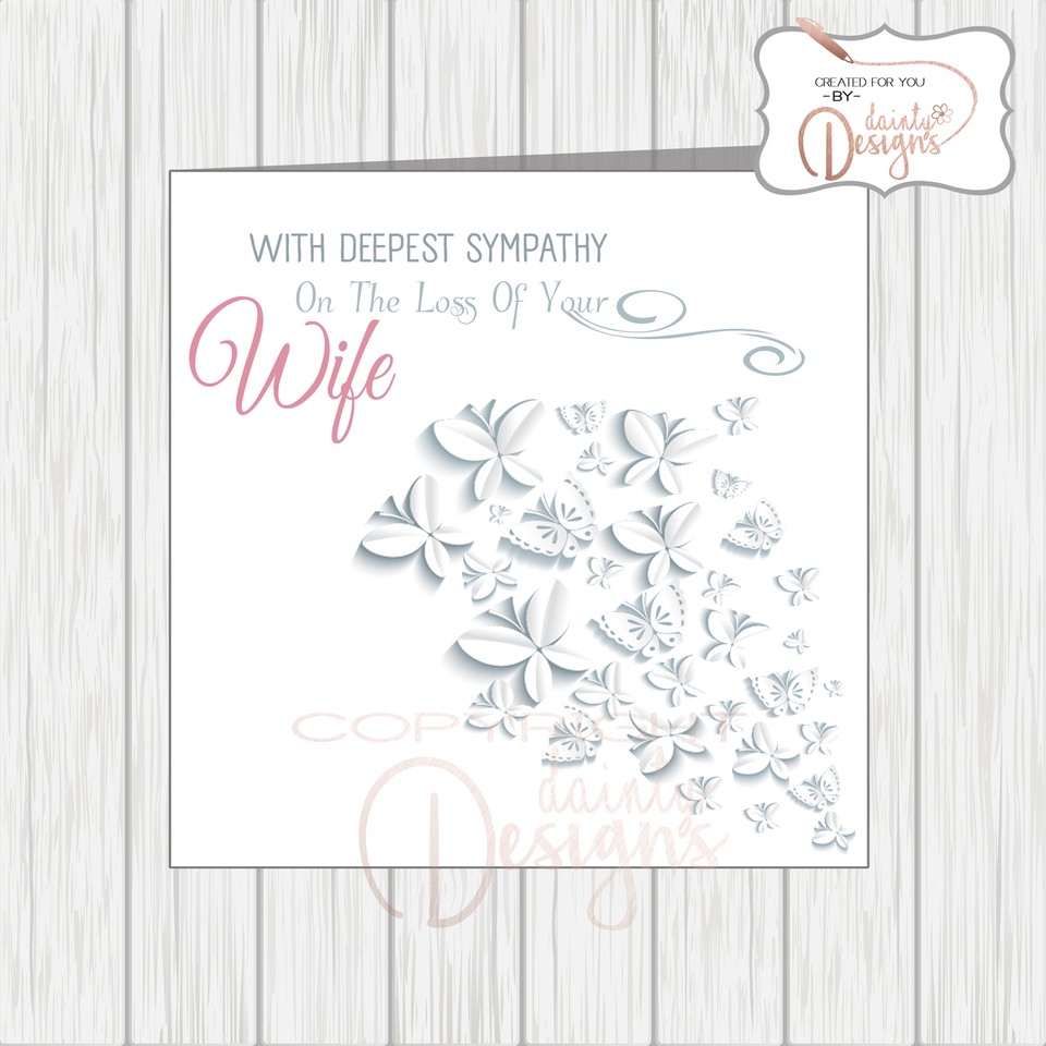 Personalised Female Sympathy Card With Date White Butterflies Wife ...
