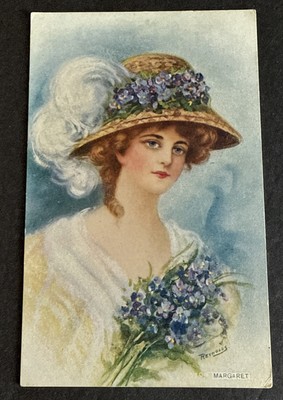 Postcard: MARGARET Pretty Lady Woman Hat Purple Flowers Reynolds 1911 ...