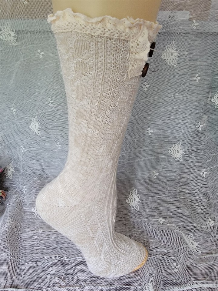 Victorian Trading Buttons & Lace Pointelle Boot Socks Cream 26D | eBay