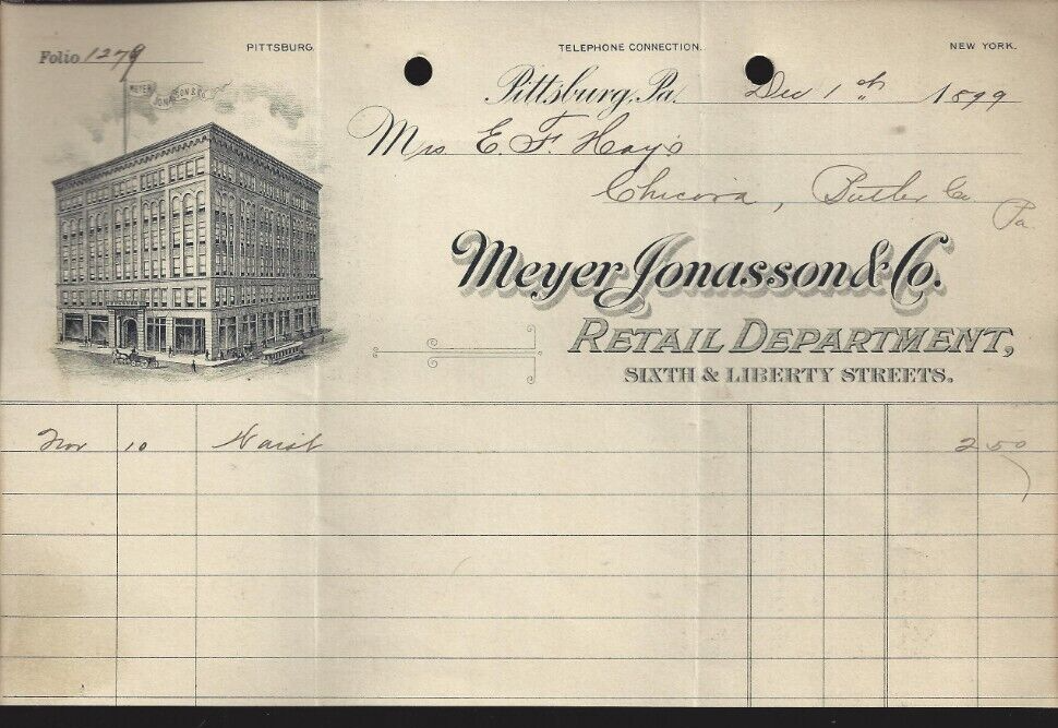 1899 Meyer Jonasson & Co. Pittsburgh Pa Receipt Antique Ephemera | eBay