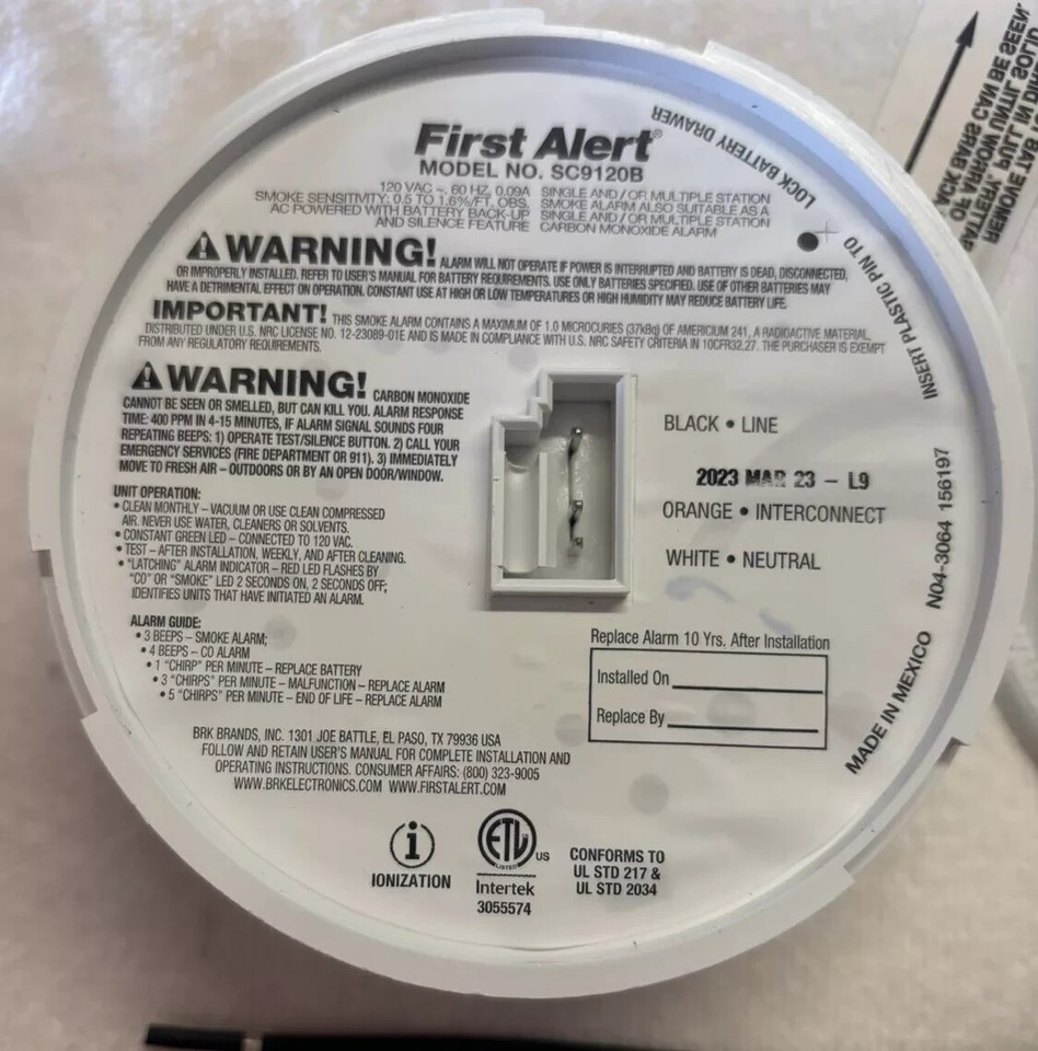 New BRK First Alert SC9120B Smoke & Carbon Monoxide Alarm HARDWIRED ...