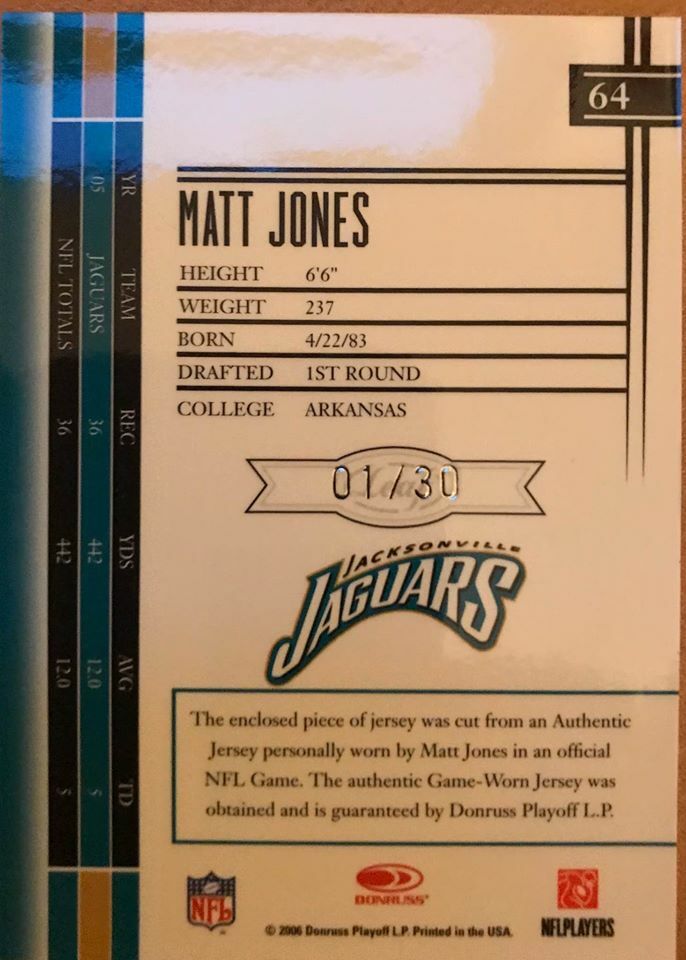 2006 Leaf Limited MATT JONES 3 COLOR JERSEY PATCH JAGUARS #1/30 RARE ...