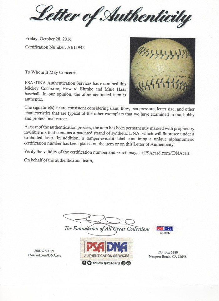 MICKEY COCHRANE, Athletics & Tigers HOF Catcher, signed baseball w/ PSA ...