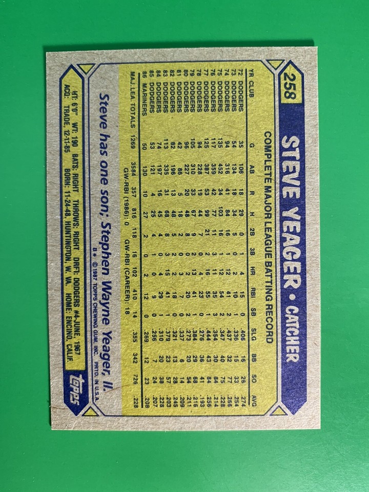 1987 Topps Steve Yeager #258 Seattle Mariners | eBay
