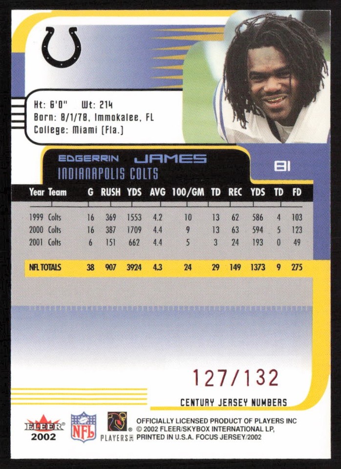 2002 Fleer Focus Jersey Numbers #/132 Edgerrin James #81 Colts | eBay