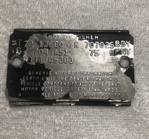 1972 CHEVROLET EL CAMINO SS ORIGINAL COWL TAG DATA PLATE BODY TAG ...