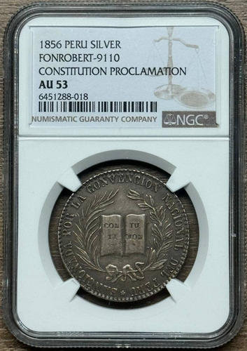 1856 PERU Silver FONROBERT-9110 medal CONSTITUTION PROCLAMATION AU53 ...