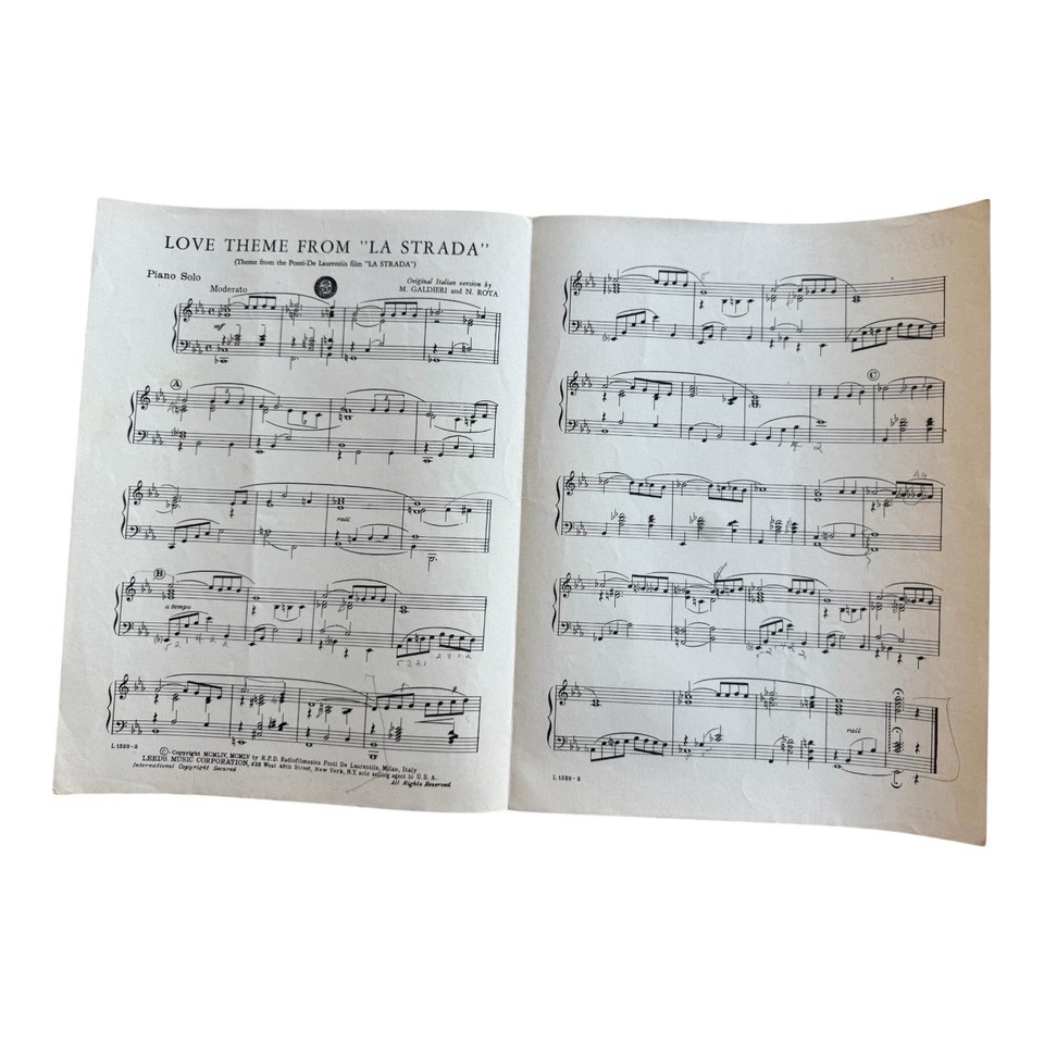 Love Theme from La Strada Sheet Music Anthony Quinn Nino Rota 1954 De ...