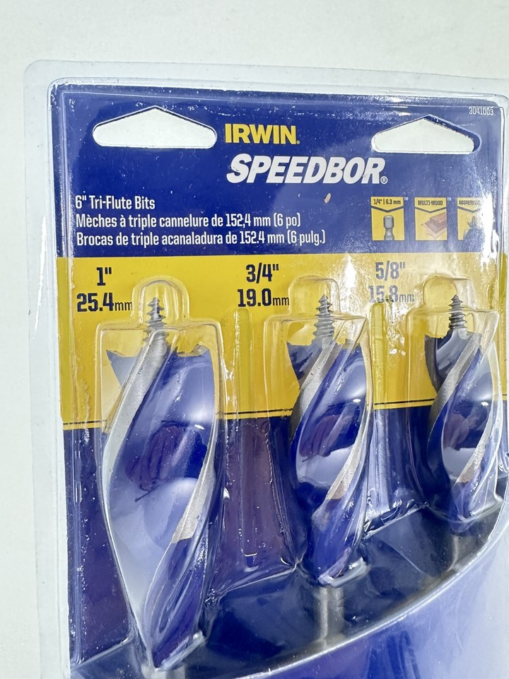 Irwin Speedbor Max 3-Pcs Tri-Flute Wood Drill Bit Set 6" Length 5/8", 3 ...