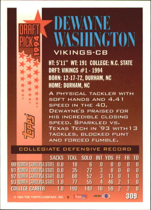 1994 Topps #309 Dewayne Washington RC | eBay