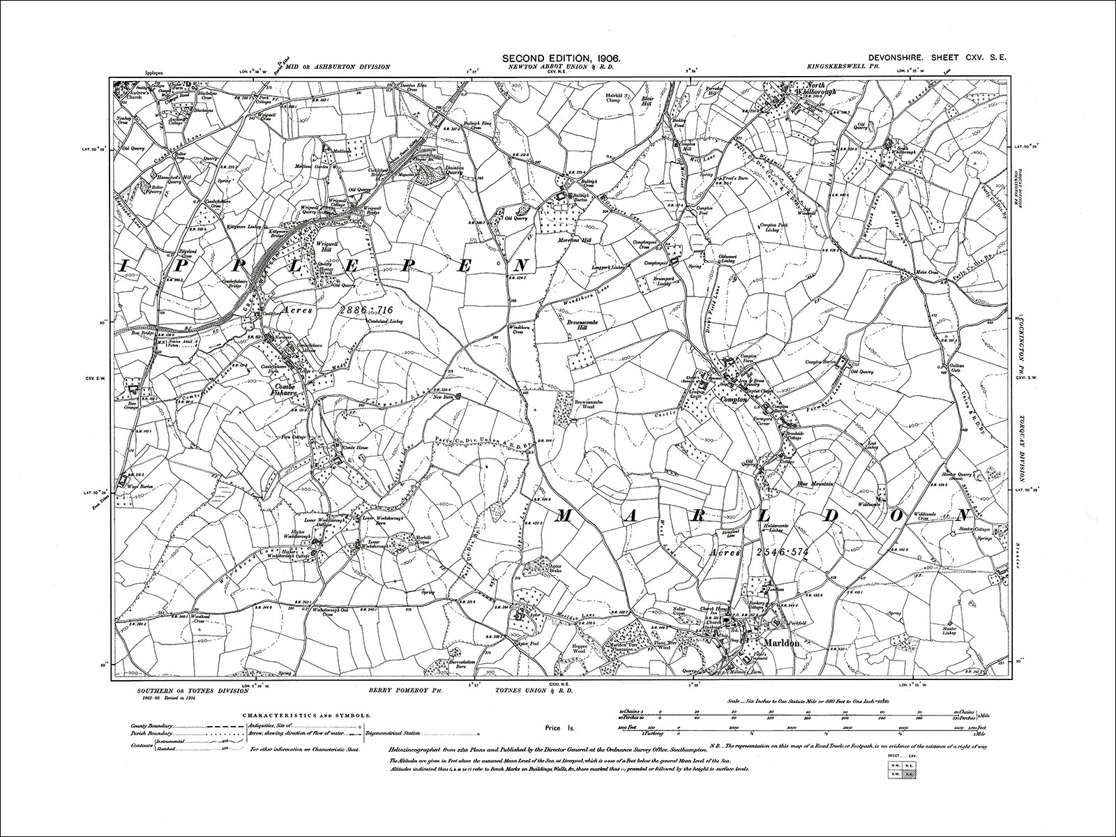 Combe Fishacre, Compton, Marldon, Old Map Devon 1906: 115SE | eBay