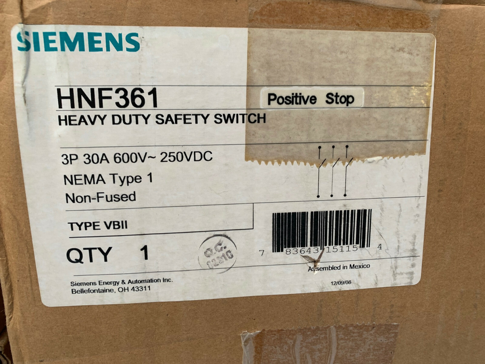 HNF361 Siemens 30 Amp 600V 3 Pole Non Fused Nema 1 Indoor Rated ...