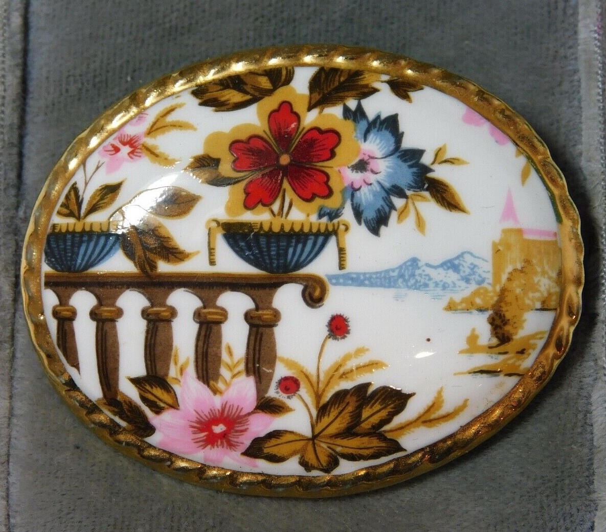 Vintage Oval Porcelain Flower Vase Ocean View Blue Br… - Gem