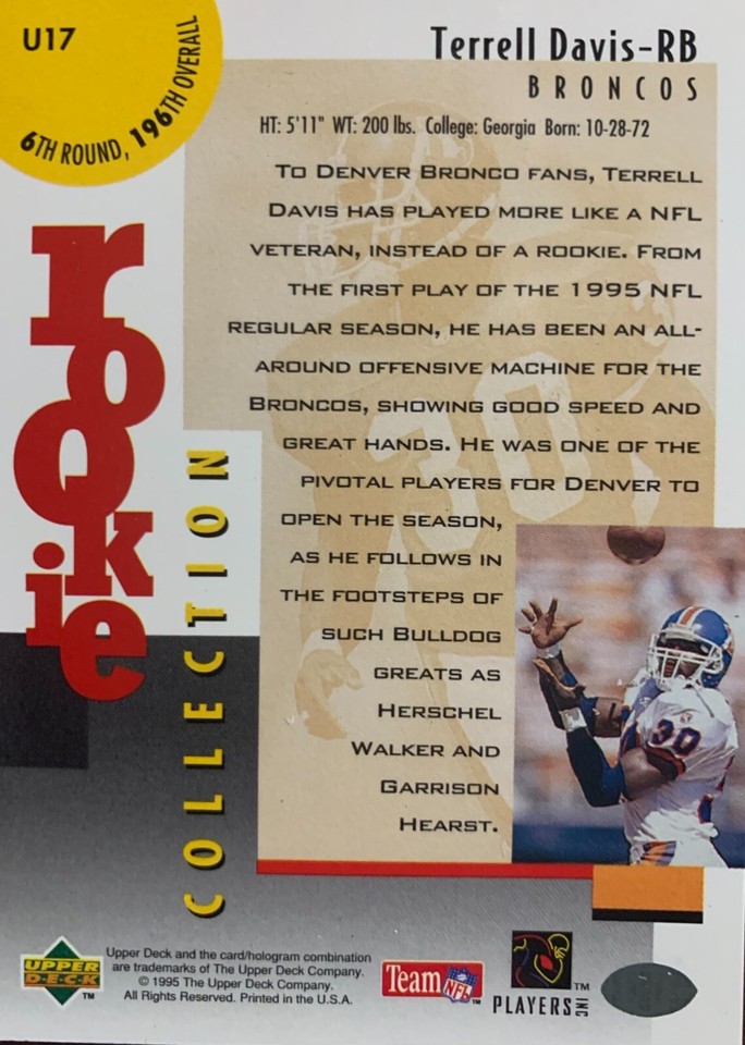 1995 NFL Upper Deck Terrell Davis Rookie Card in NR MT Condition | eBay