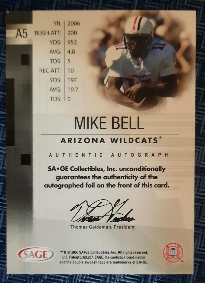Mike Bell Autograph Auto SAGE Rookie 2006 #A5 RC Lions Eagles Browns ...
