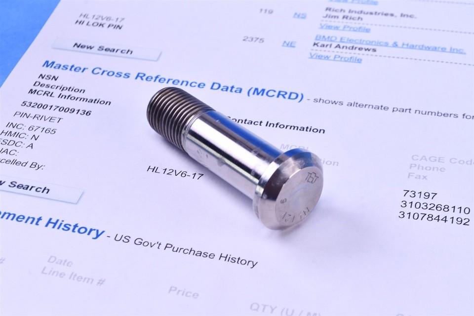 8 Hi-Shear HL Pin Pin Rivet Aircraft Fasteners HL12V6-17 Lisi Aerospace ...