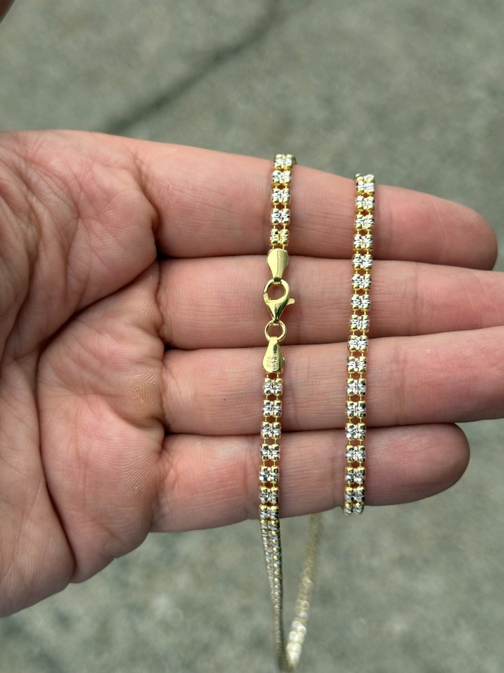 4mm 14k Yellow Gold Two-Tone Diamond-Cut Ice Link Chain 925 Sterling ...